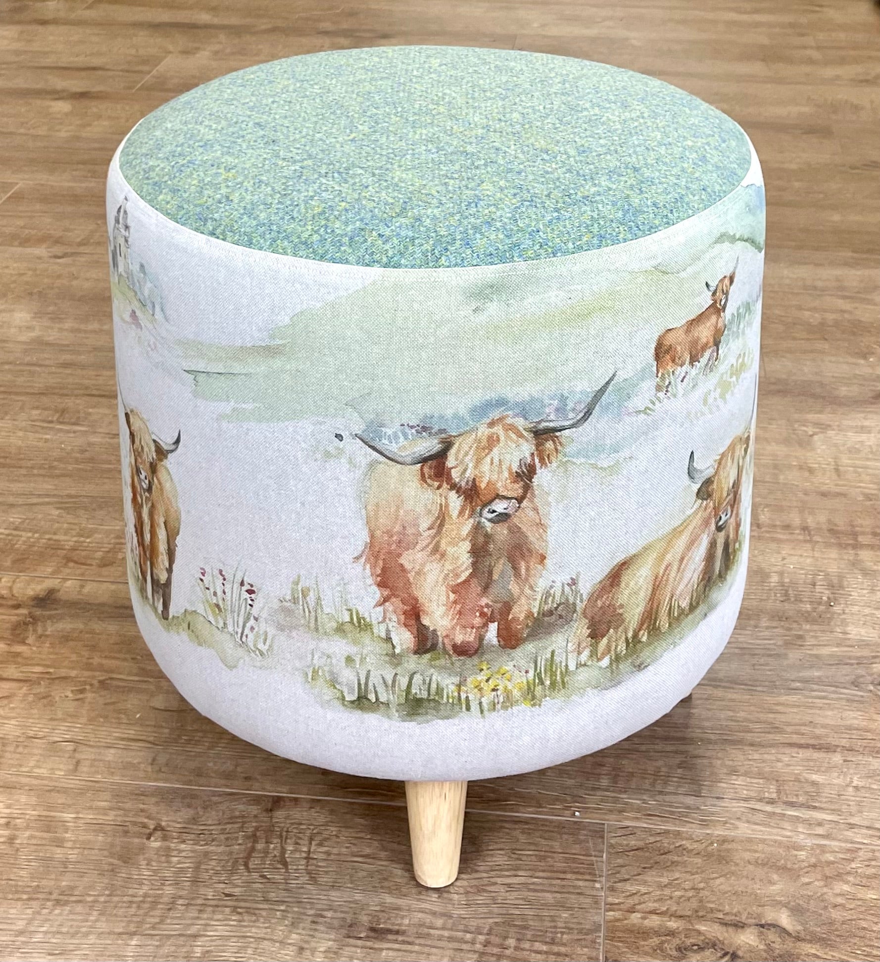 Highland Cow Scene and Harris Tweed Chunky Footstool Mini Cottage Creations